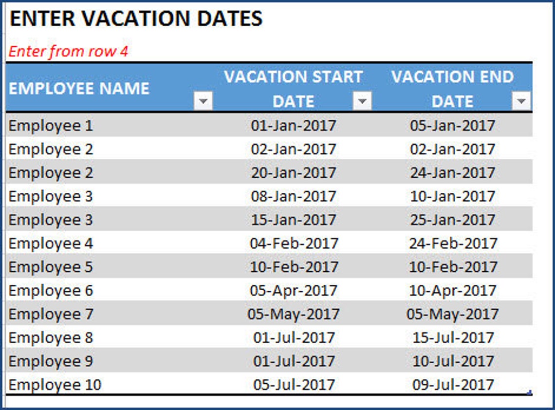 Team Vacation Planner Excel Template Etsy