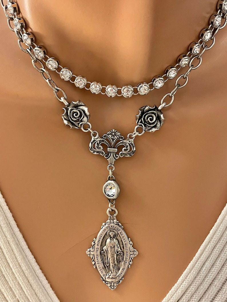 Silver Miraculous Medal Choker Necklace Large Mary Pendant Antique Gold ...
