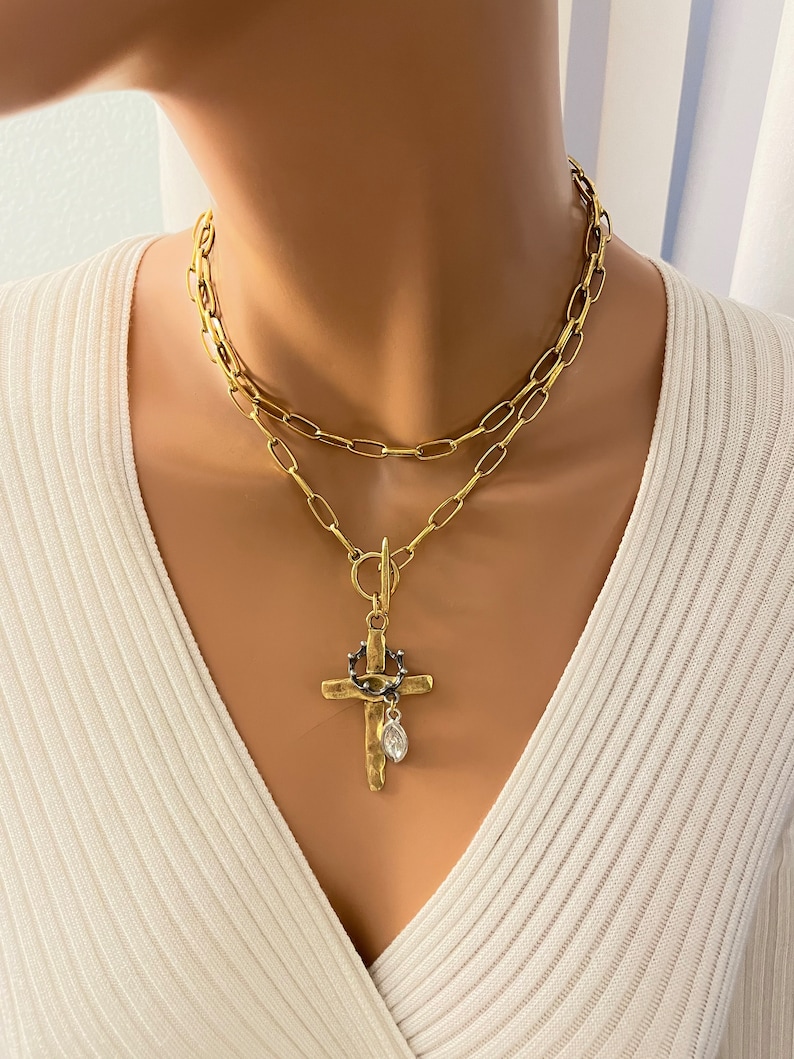 Large Gold Cross Necklace Paper Clip Chain Necklace Antique - Etsy