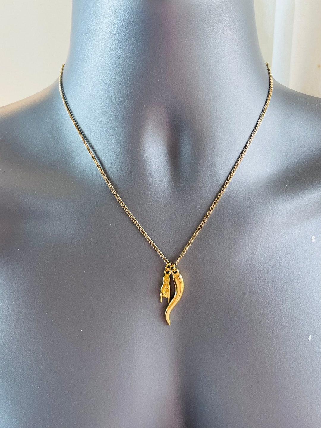 Men’s Stainless Steel Gold Mono Cornuto Pendant Necklace Hand Horn Men ...