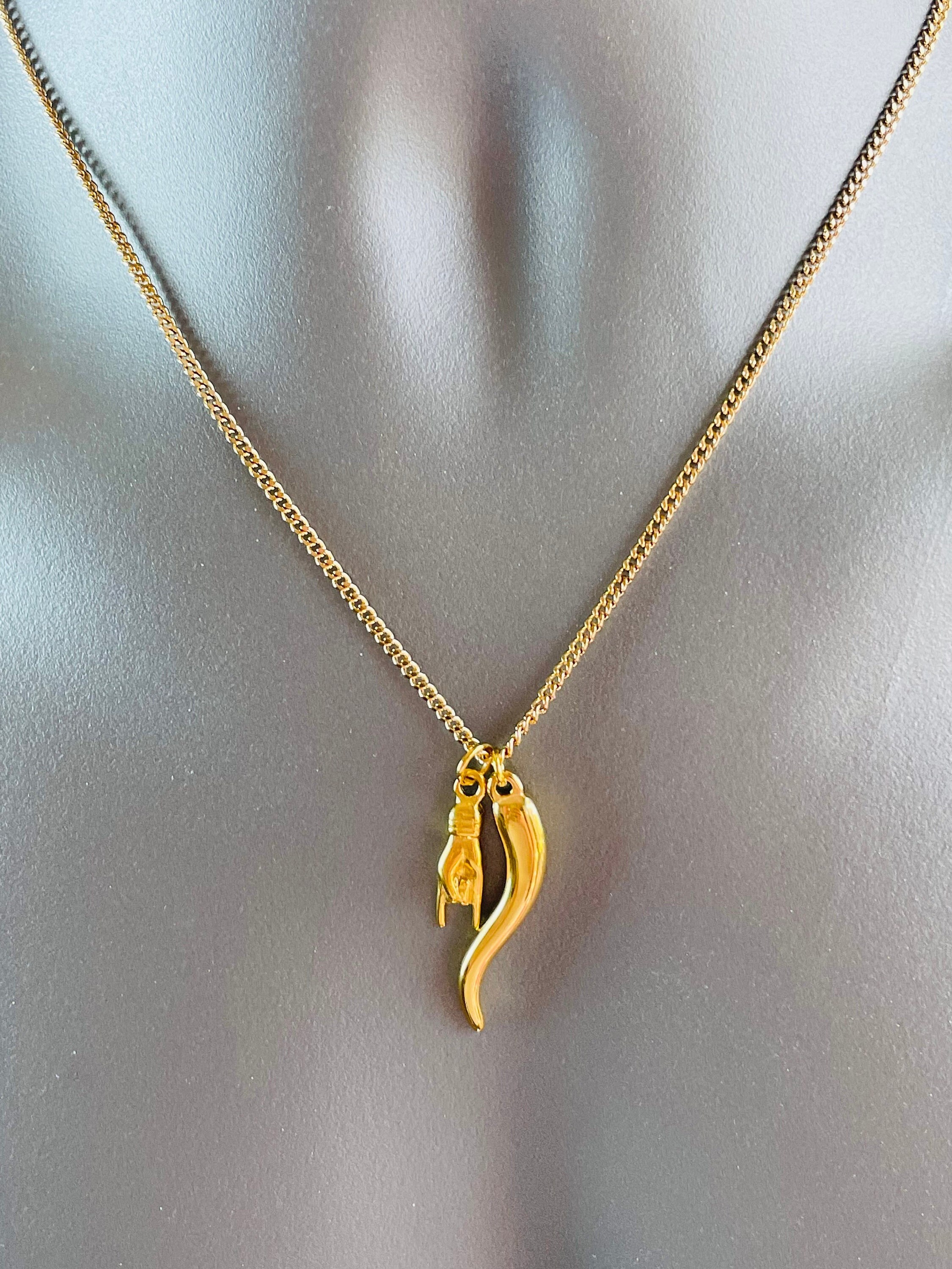 Men’s Stainless Steel Gold Mono Cornuto Pendant Necklace Hand Horn Men ...