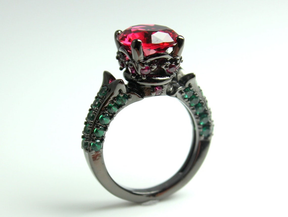 Black Ring Ruby Red Green Unique Rose Inspired Black Rings Gothic Goth ...
