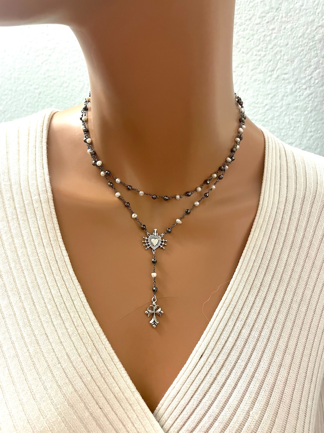 Sterling Silver Rosary Necklace Seven Swords and Mary Cross Necklace ...