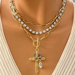 Large Gold Cross Necklace, Paper Clip Chain Necklace, Antique Gold ...