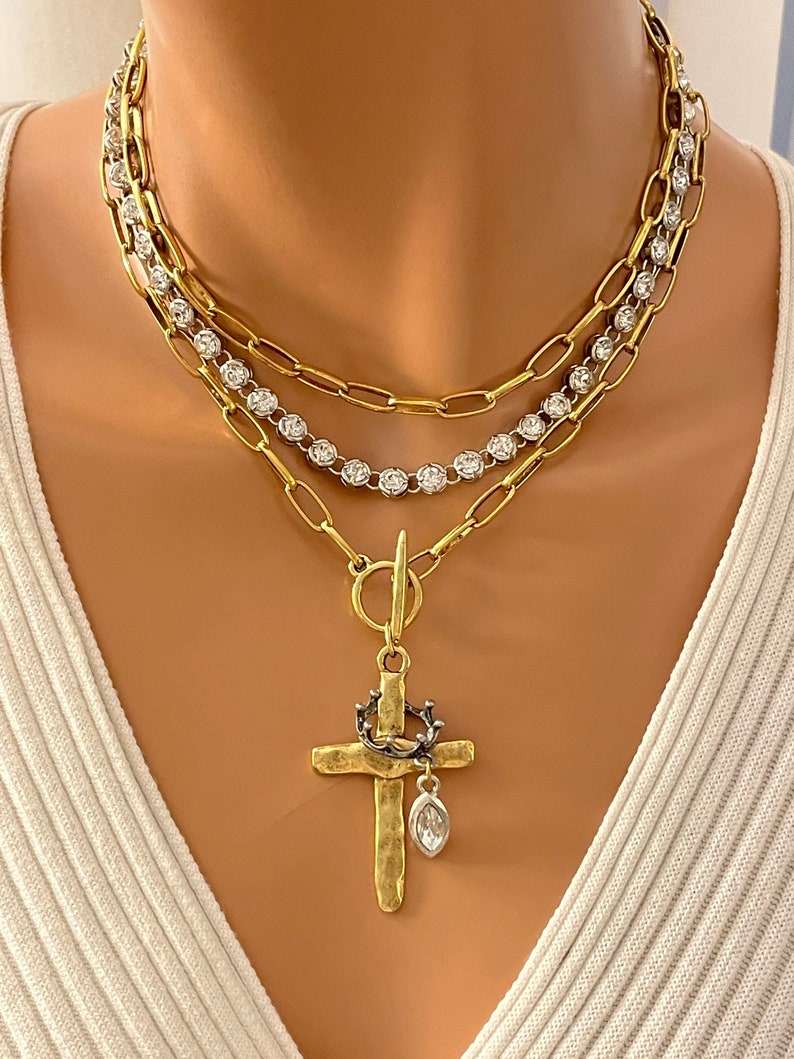 Large Gold Cross Necklace, Paper Clip Chain Necklace, Antique Gold ...