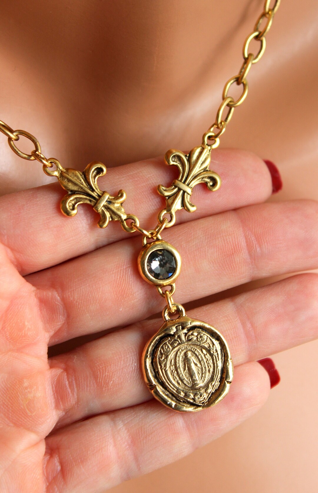 Antique Gold Mother Mary Chain Choker Miraculous Medal Wax Pendant ...