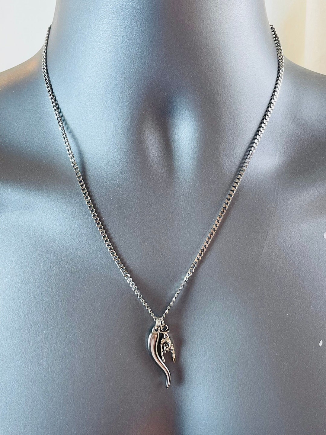 Men's Stainless Steel Italian Horn & Hand Charm Necklace - Etsy
