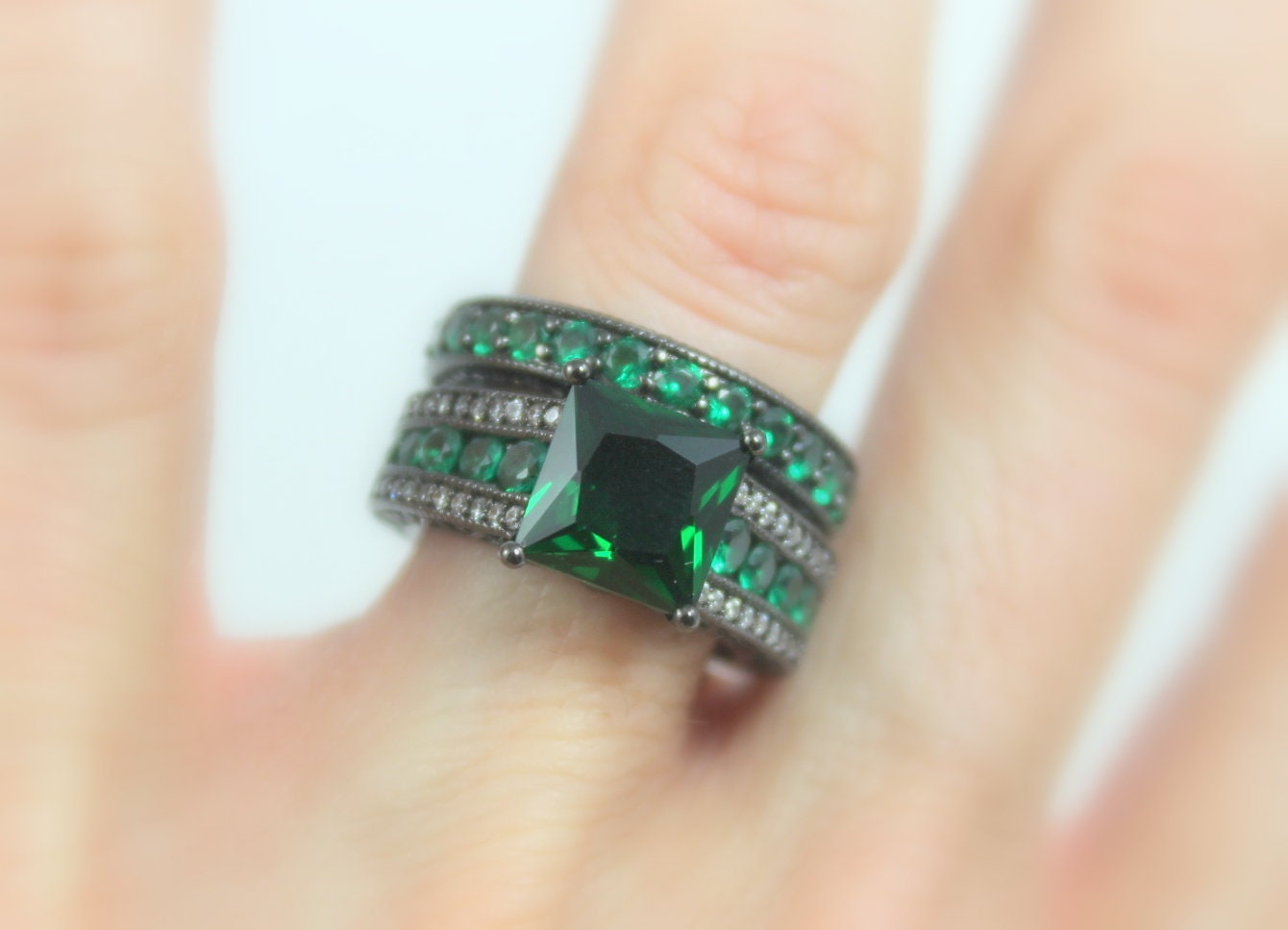 Black Gold Wedding Ring Set Green Emerald CZ Black Rings Balck - Etsy