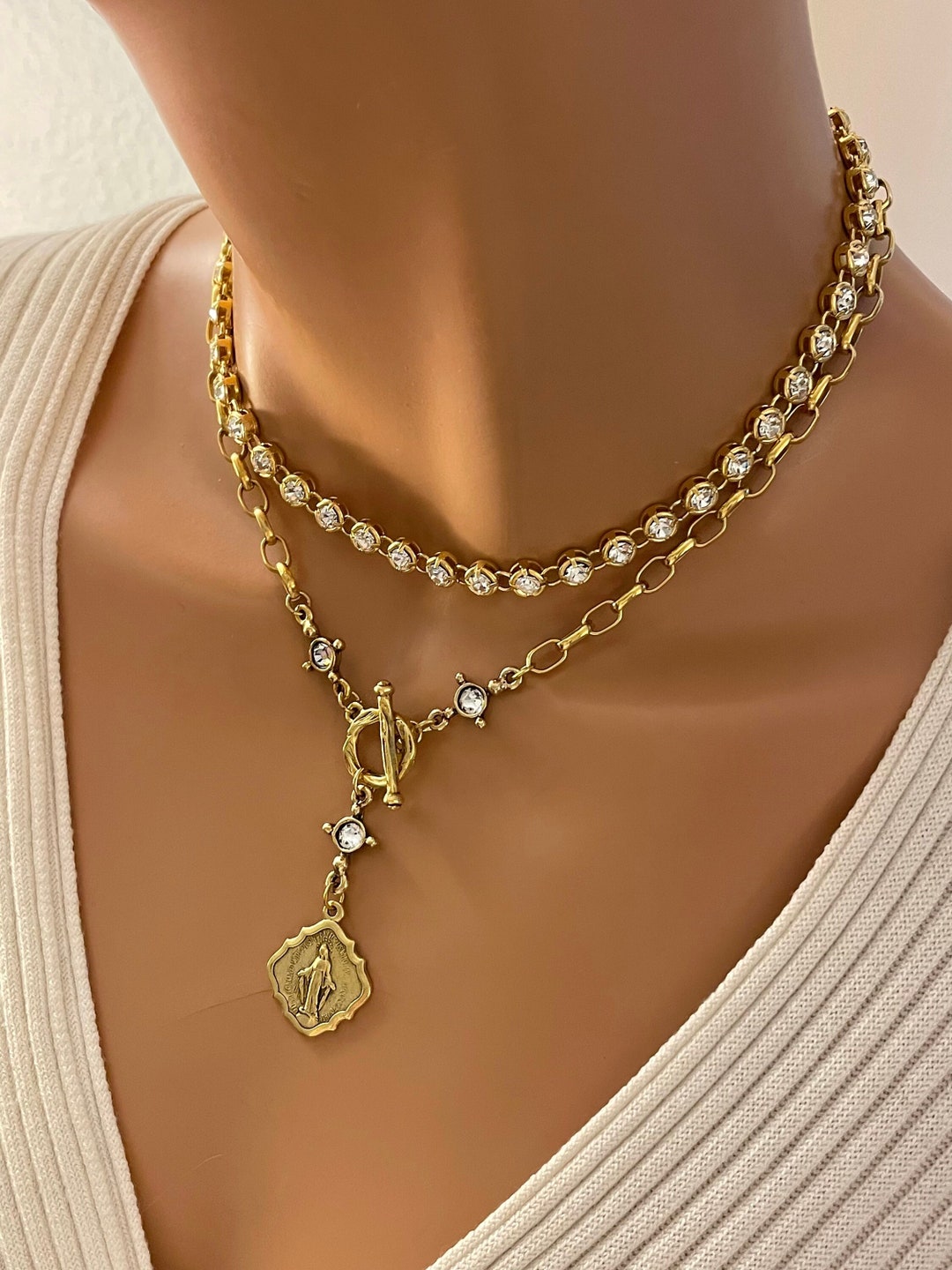 Gold Merry Miraculous Necklace, Mary Pendant Necklace, Antique Silver ...