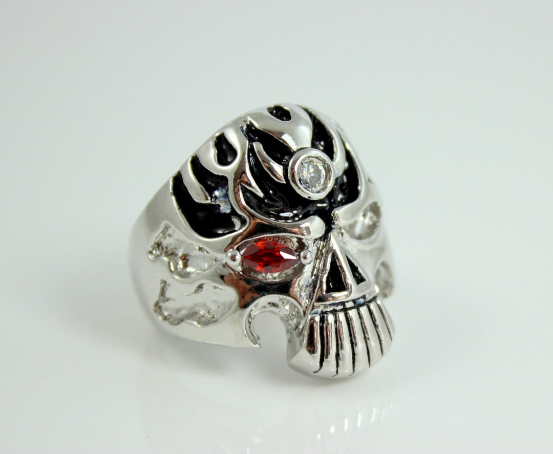 White Gold Filled Skull Ring: Red Crystal Eye, Biker Rocker Jewelry - Etsy