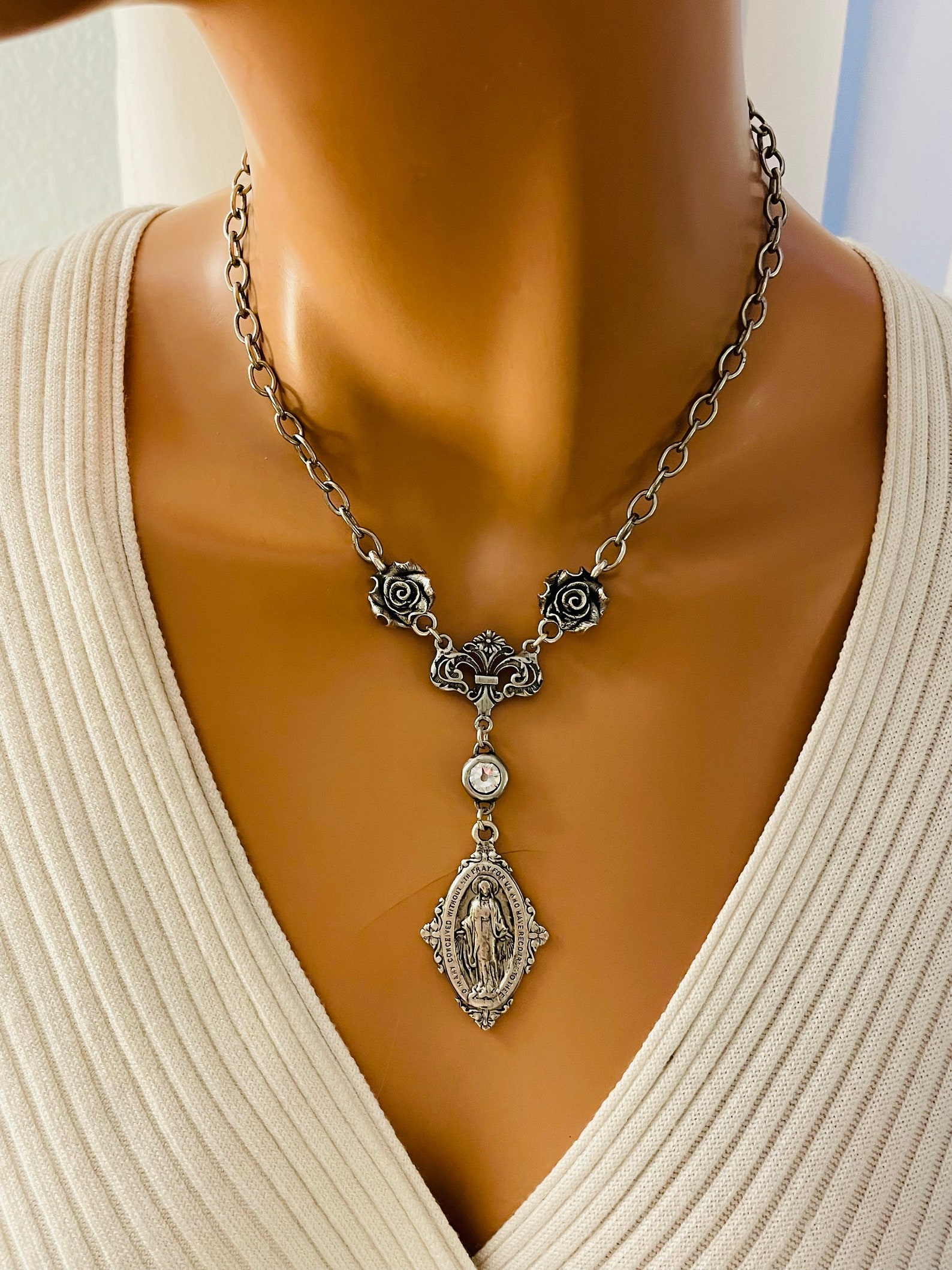 Silver Miraculous Medal Choker Necklace Large Mary Pendant Antique Gold ...