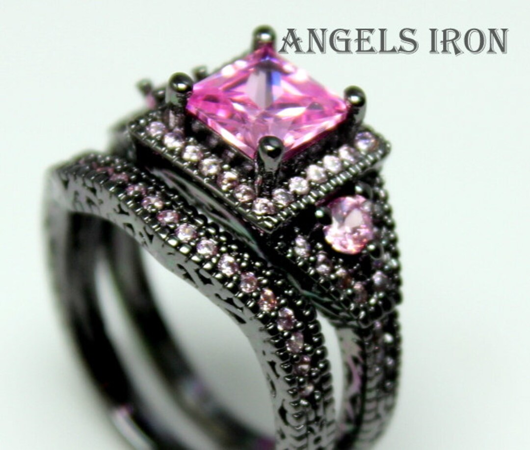 Black Engagement Ring Set Princess Cut CZ Pink Sapphire Wedding Promise ...