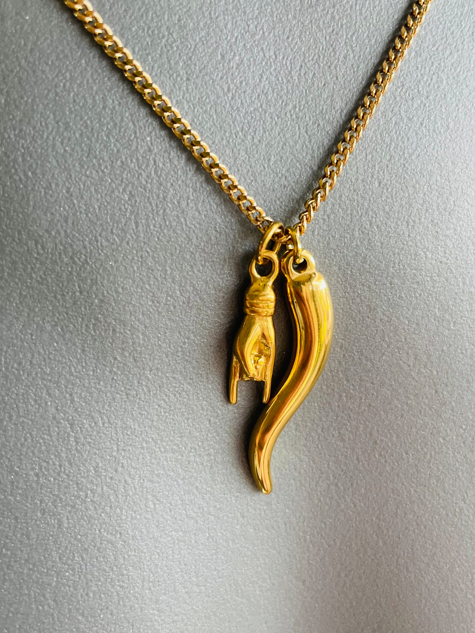 Men’s Stainless Steel Gold Mono Cornuto Pendant Necklace Hand Horn Men ...