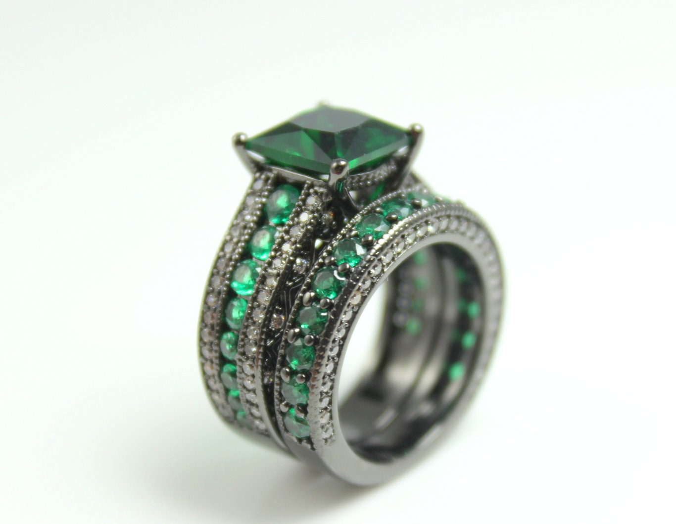 Black Gold Wedding Ring Set Green Emerald CZ Black Rings Balck - Etsy