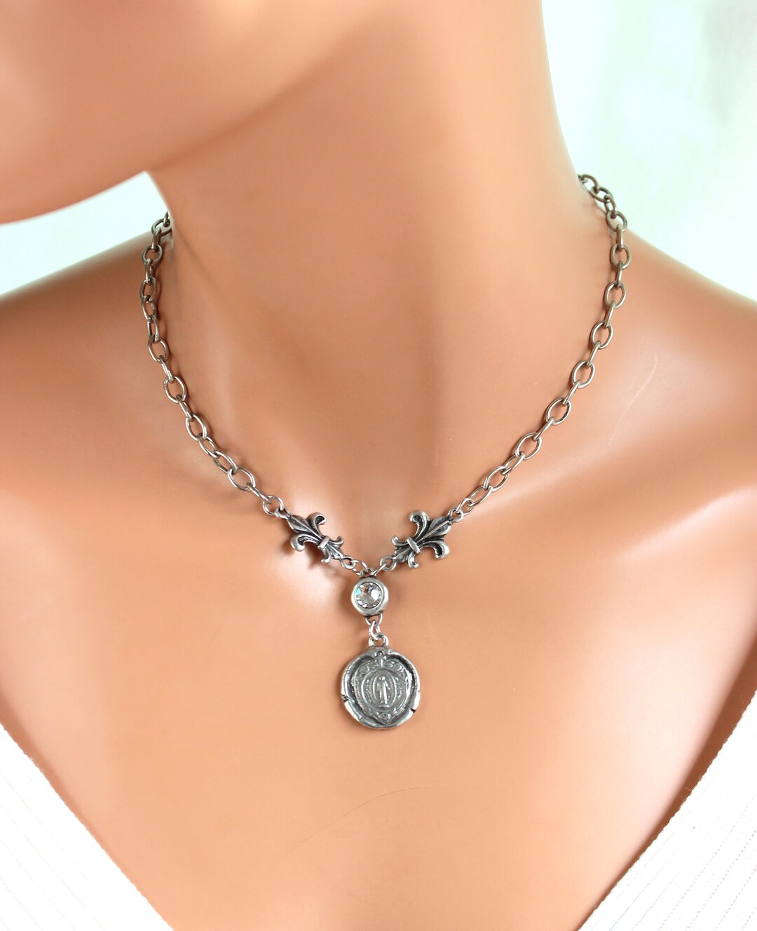 Antique Silver Mother Mary Chain Choker Miraculous Medal Wax Pendant ...