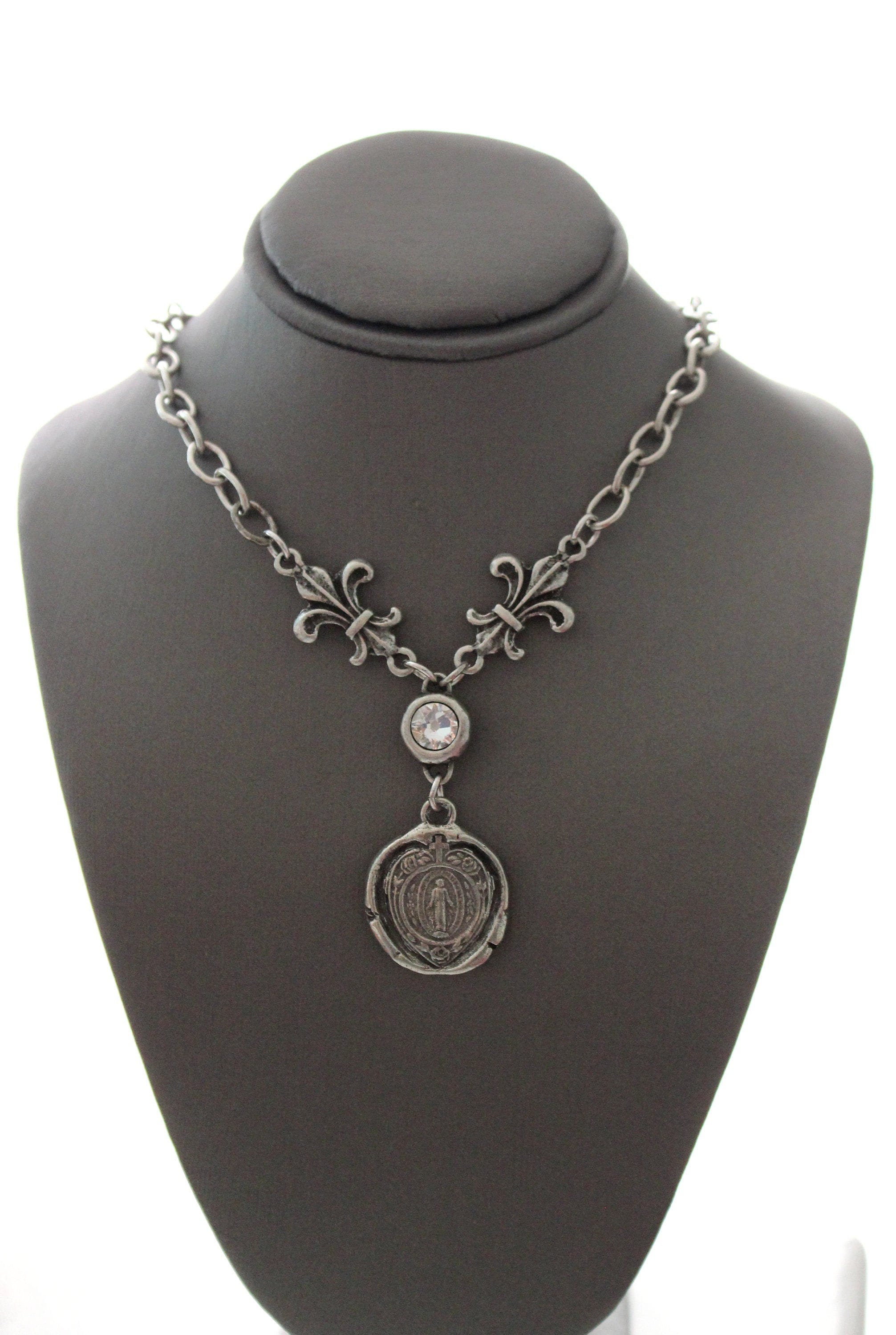 Antique Silver Mother Mary Chain Choker Miraculous Medal Wax Pendant ...