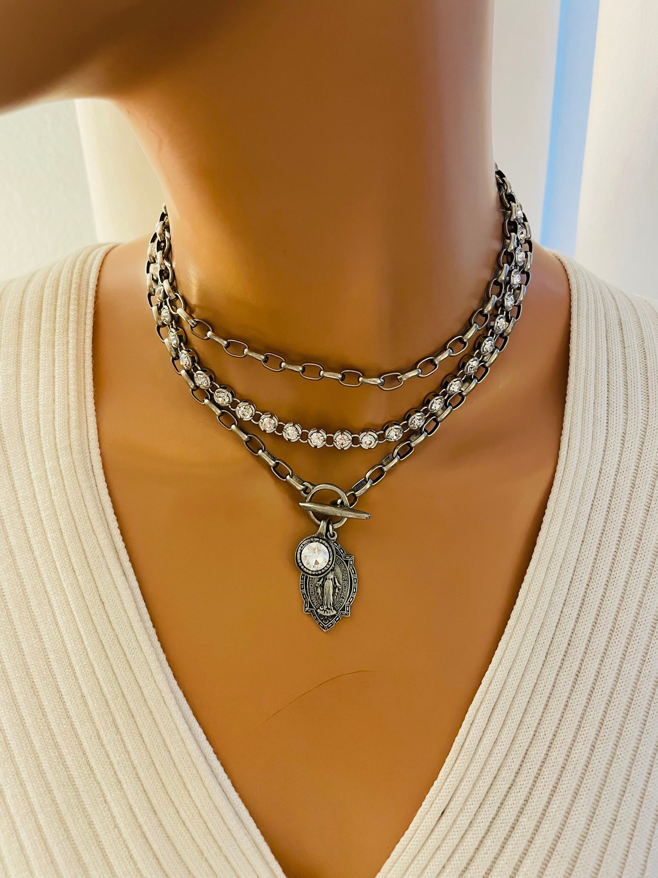Antique Silver Miraculous Mary Necklace SET, CZ Choker - Etsy
