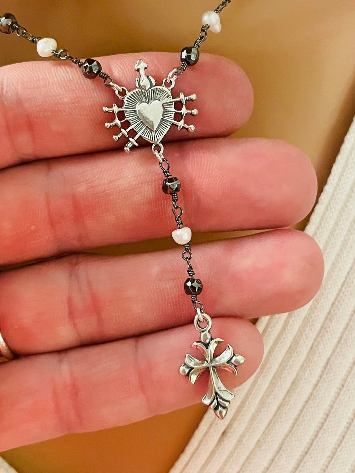 Sterling Silver Rosary Necklace Seven Swords and Mary Cross Necklace ...