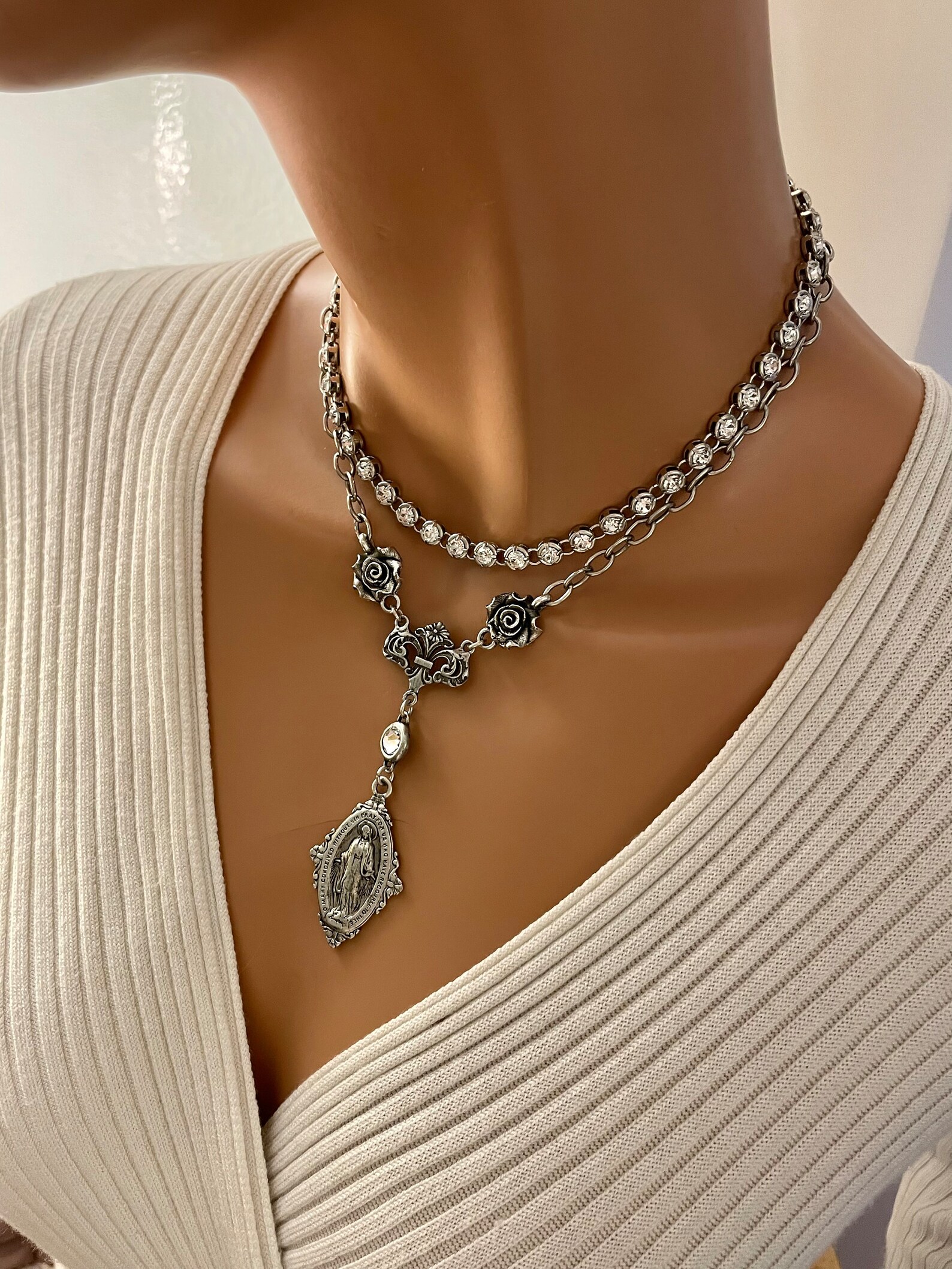 Silver Miraculous Medal Choker Necklace Large Mary Pendant Antique Gold ...