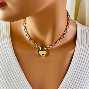 Gold Heart Padlock Choker Stainless Steel Lock Necklace Pink Stick ...