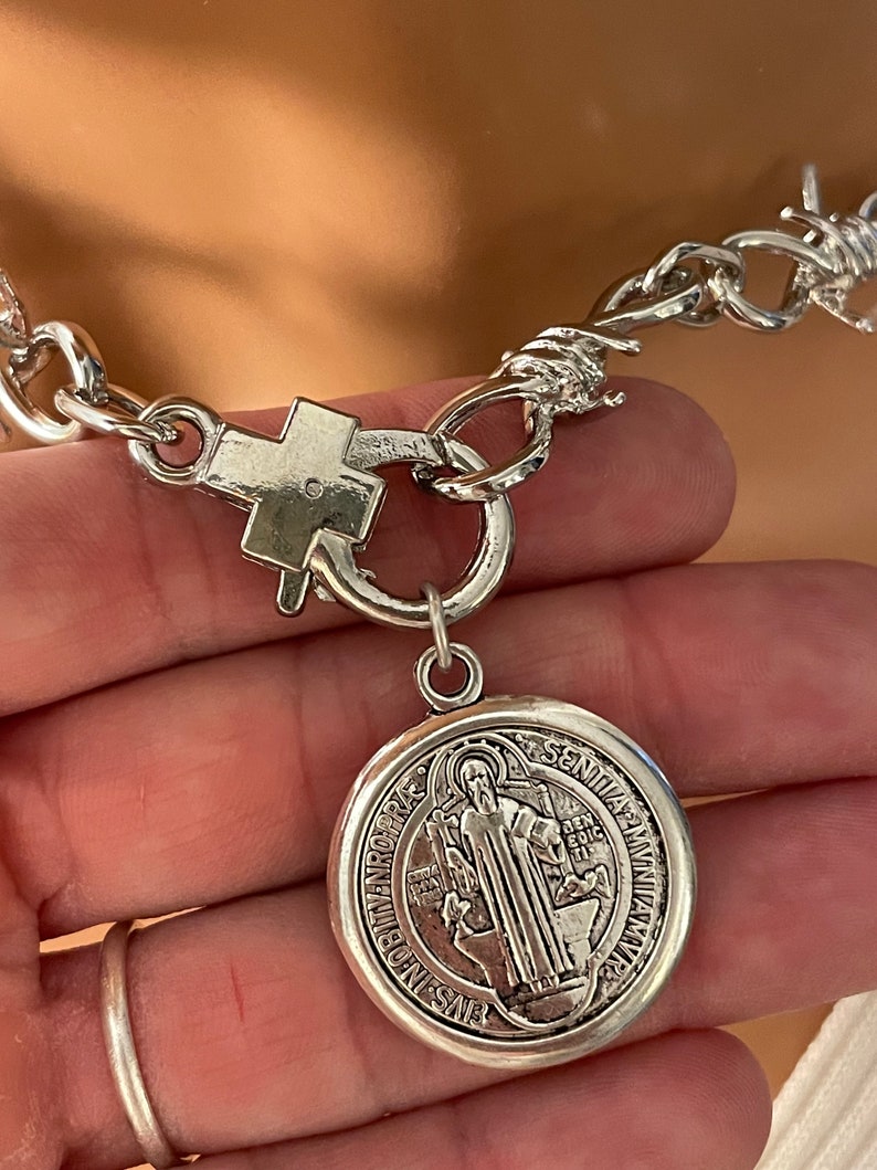 Silver Saint Benedict Necklace Large Benedict Pendant Choker - Etsy