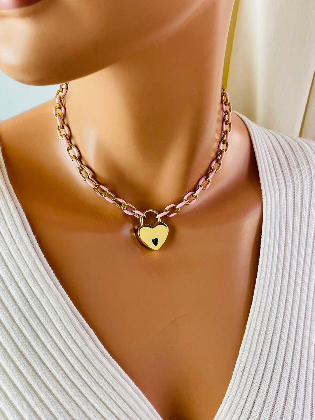 Gold Heart Padlock Choker Stainless Steel Lock Necklace Pink Stick ...