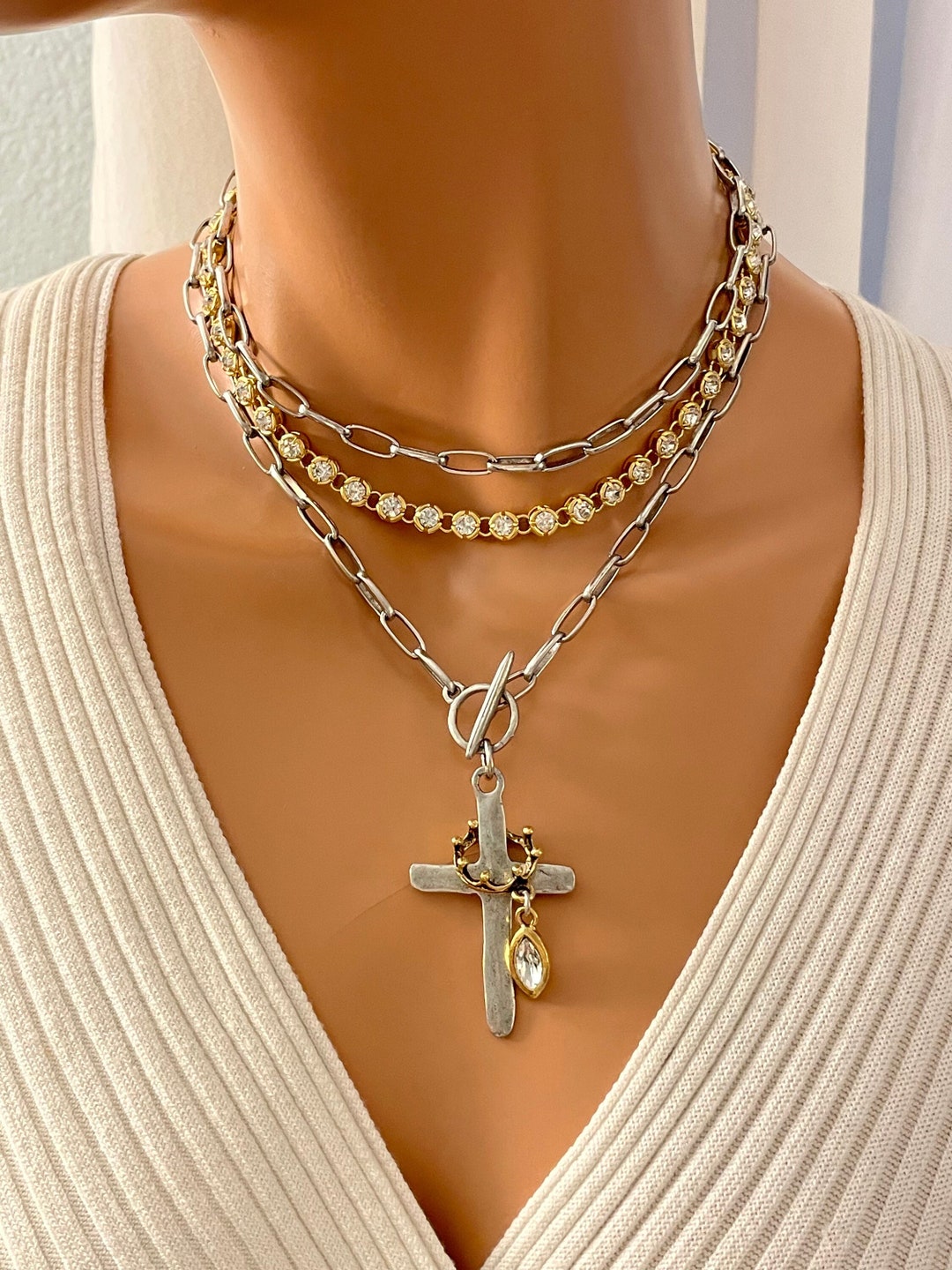 Silver Cross Choker Necklace Multi Strand Paperclip Chain Large Cross ...