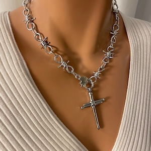 Silver Nail Cross Pendant Necklace, Barb Wire, Thick Chain Choker ...