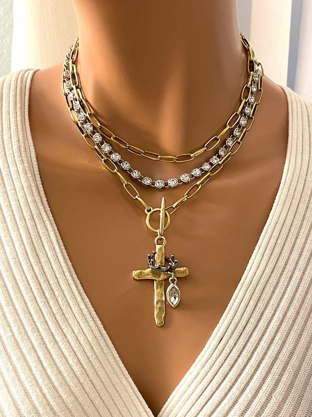 Large Gold Cross Necklace, Paper Clip Chain Necklace, Antique Gold ...