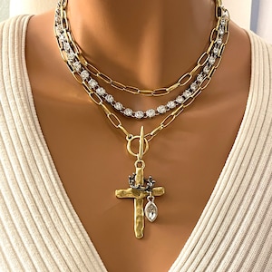 Large Gold Cross Necklace, Paper Clip Chain Necklace, Antique Gold ...