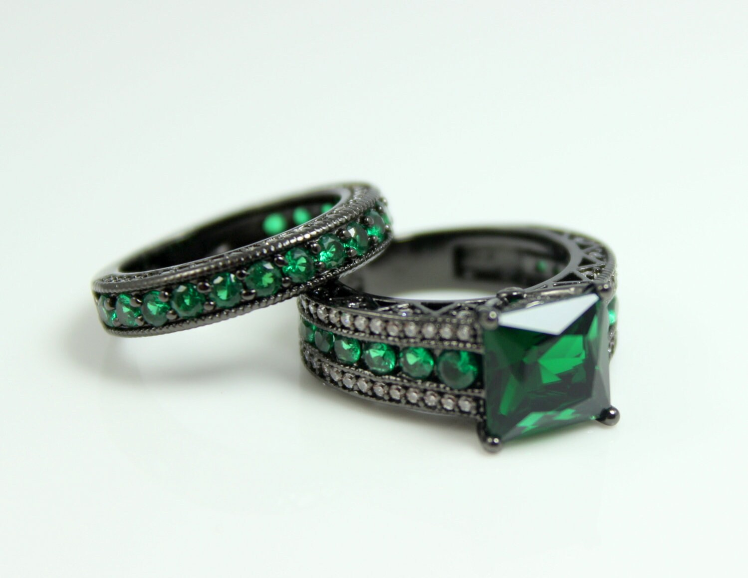 Black Gold Wedding Ring Set Green Emerald CZ Black Rings Balck - Etsy