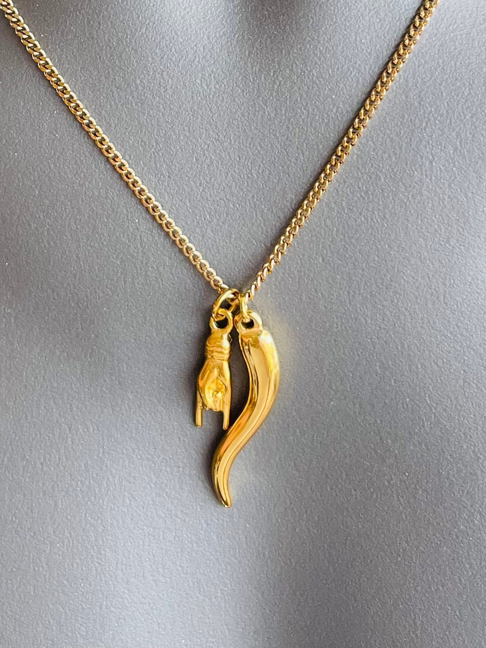 Men’s Stainless Steel Gold Mono Cornuto Pendant Necklace Hand Horn Men ...