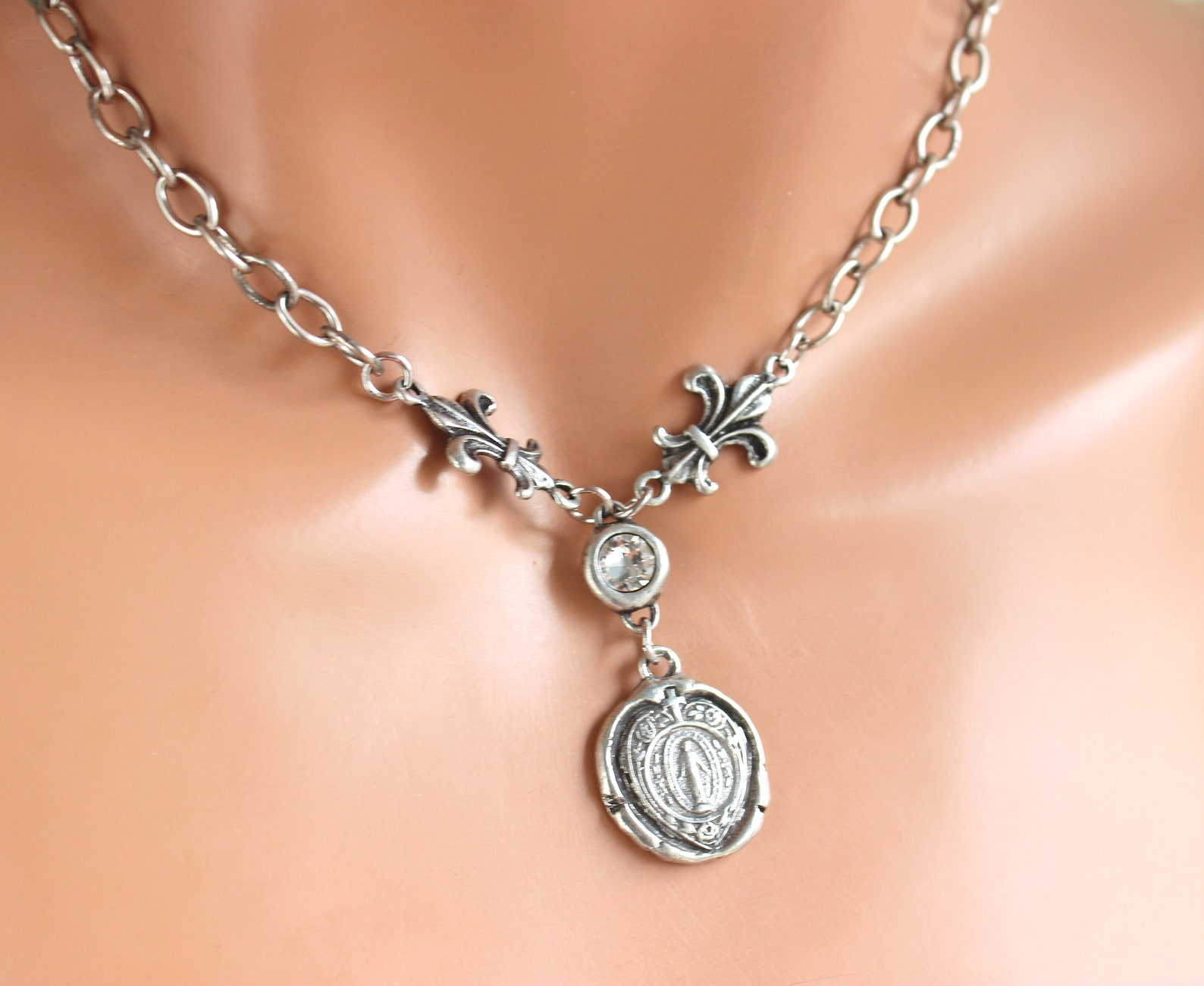 Antique Silver Mother Mary Chain Choker Miraculous Medal Wax - Etsy