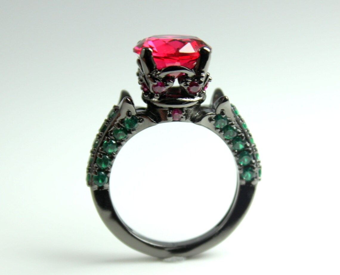 Black Ring Ruby Red Green Unique Rose Inspired Black Rings Gothic Goth ...