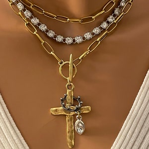 Large Gold Cross Necklace, Paper Clip Chain Necklace, Antique Gold ...