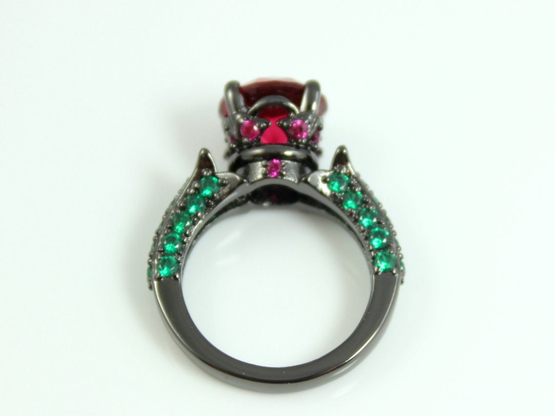 Black Ring Ruby Red Green Unique Rose Inspired Black Rings Gothic Goth ...