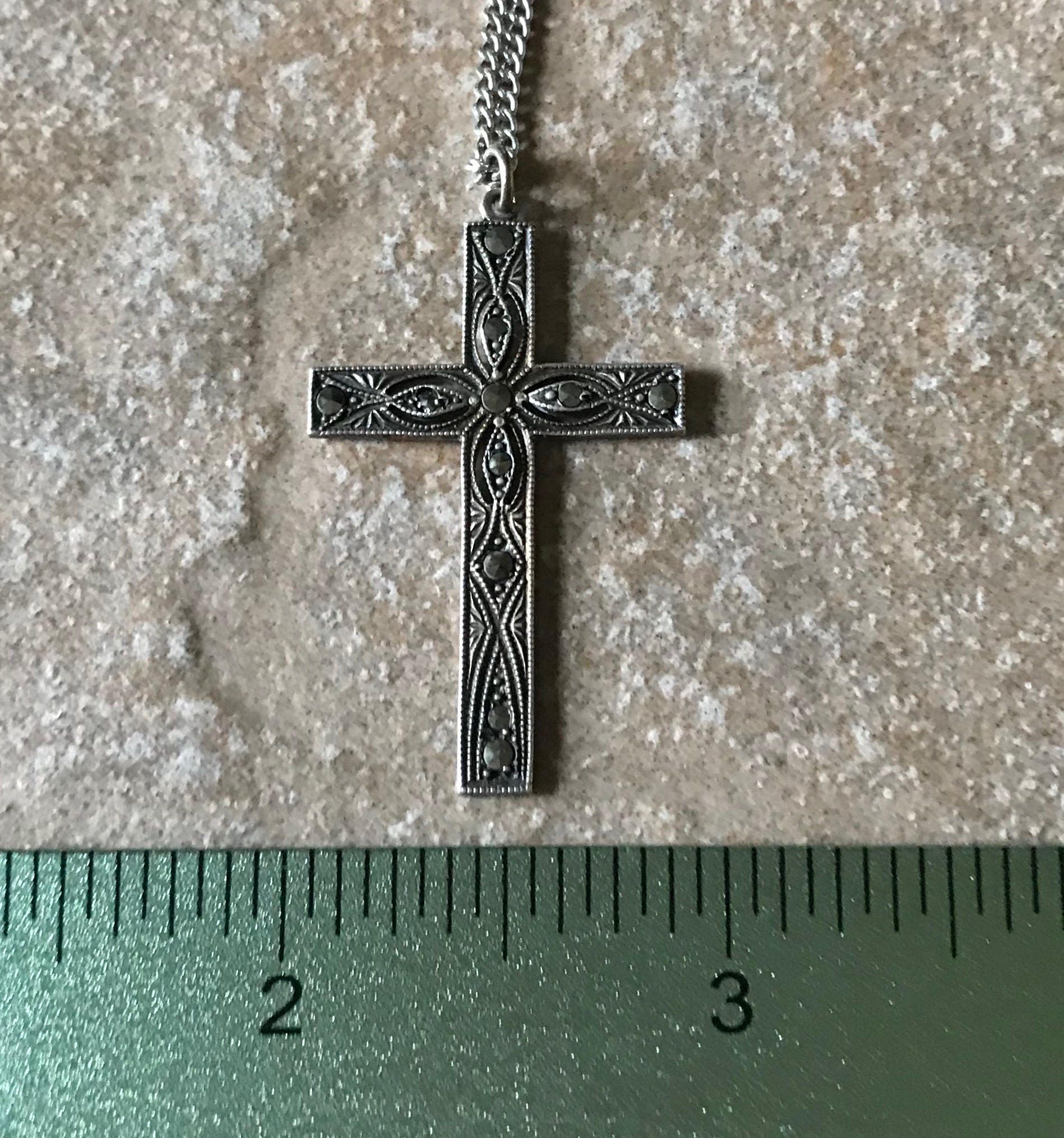 Sterling Marcasite Cross Pendant, Sterling Pendant Chain, 22 Sterling Marcasite Cross Pendant, Sterling Pendant Chain, 22