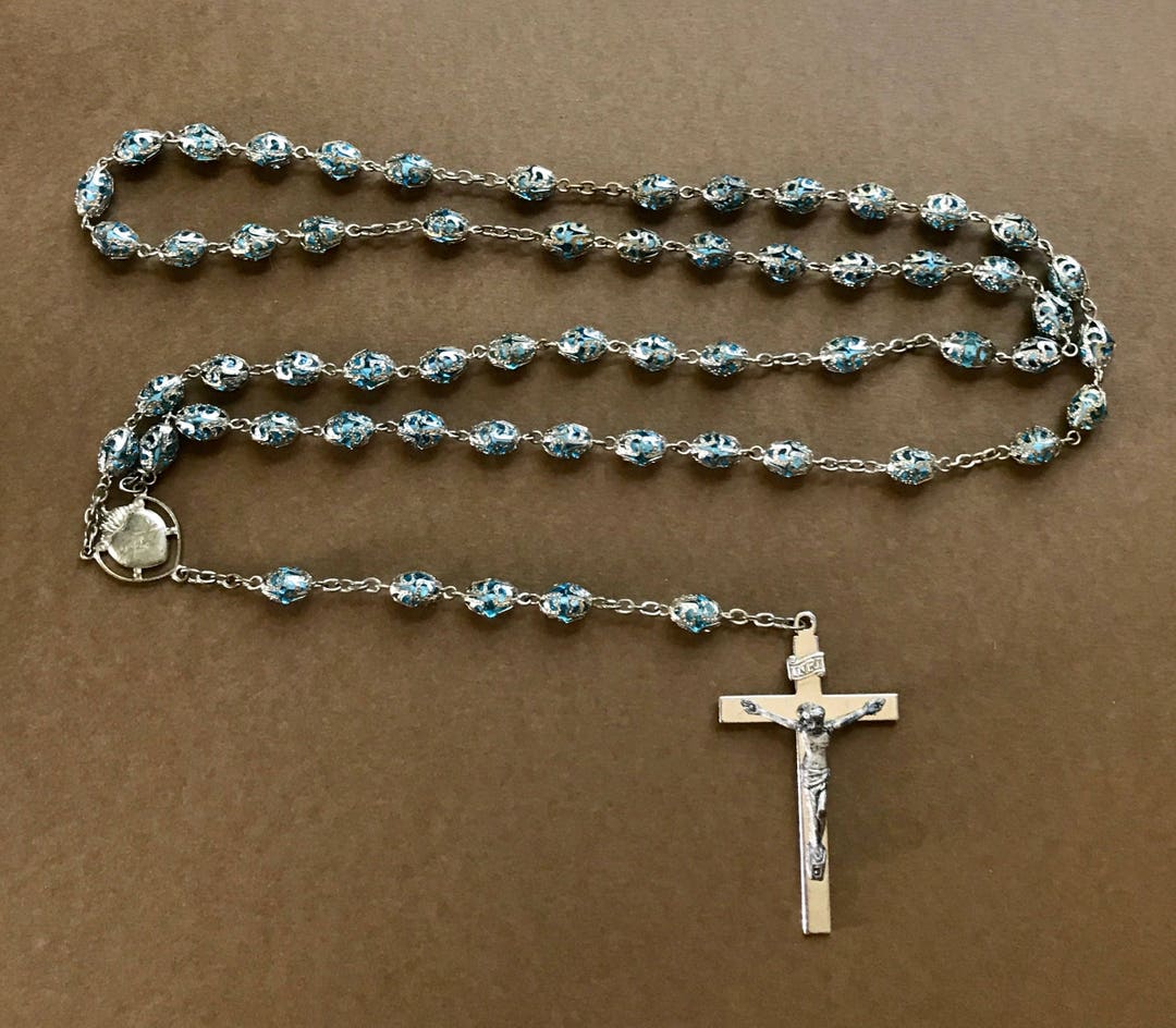 Vintage Blue Glass Rosary Beads, 5 Decade Rosary, Vintage Rosary Beads ...
