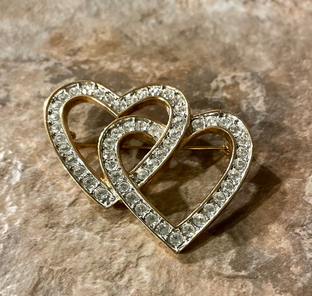 Vintage Roman Double Interlocking Heart Rhinestone Brooch, Gold Tone ...