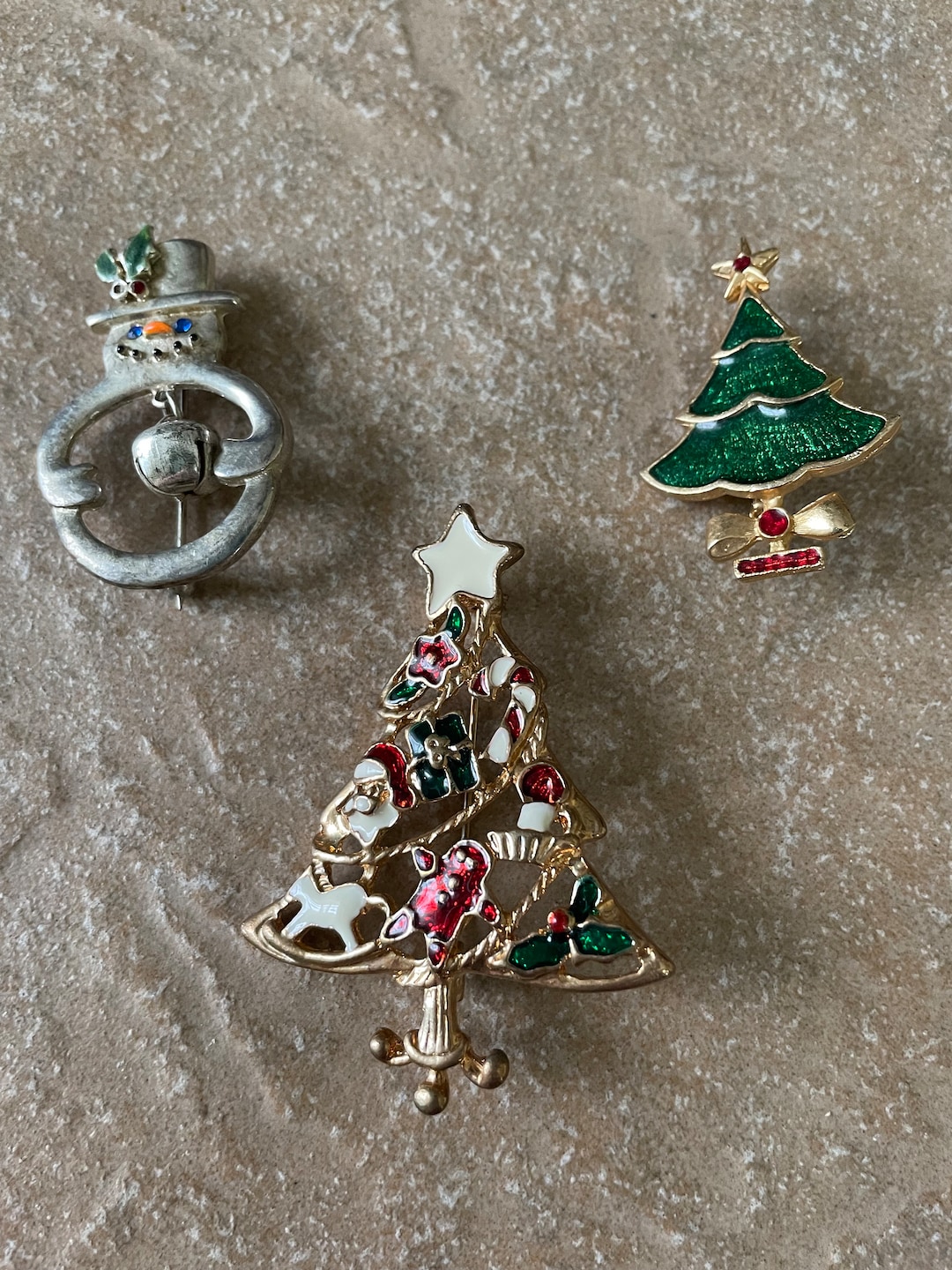 Vintage Enamel Christmas Pin Collection: Tree & Snowman Brooches (set ...