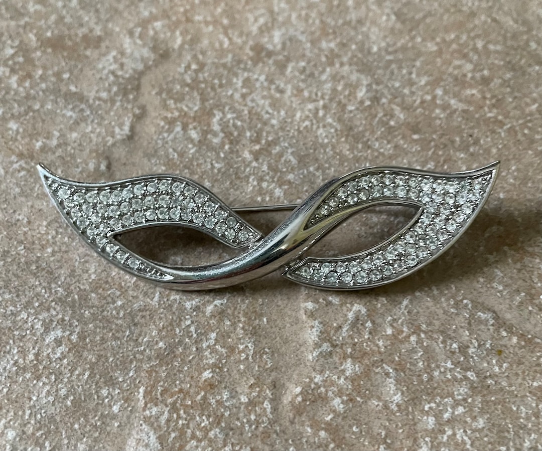 Kirks Folly Mardi Gras Face Mask Brooch, Vintage Silver Tone With Clear ...
