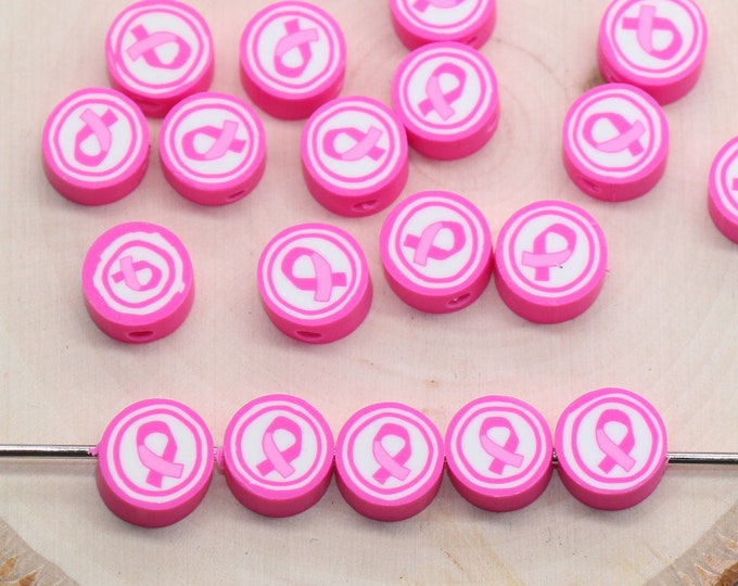 Awareness Ribbons Clay Beads, Pink Ribbon Polymer Clay Beads, Round ...