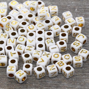 White and Gold Cube Alphabet Letter Beads, Mixed Gold Acrylic Letter ...