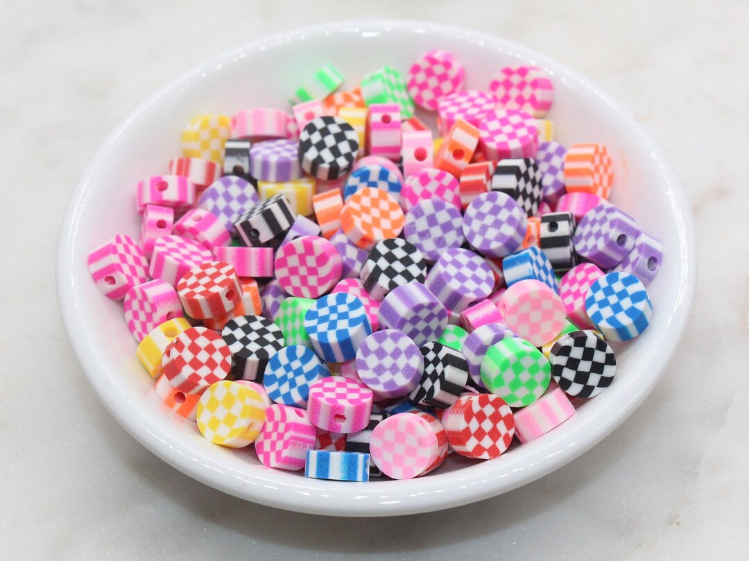 Checkered Polymer Clay Beads, Assorted Color Round Shape Clay Beads ...