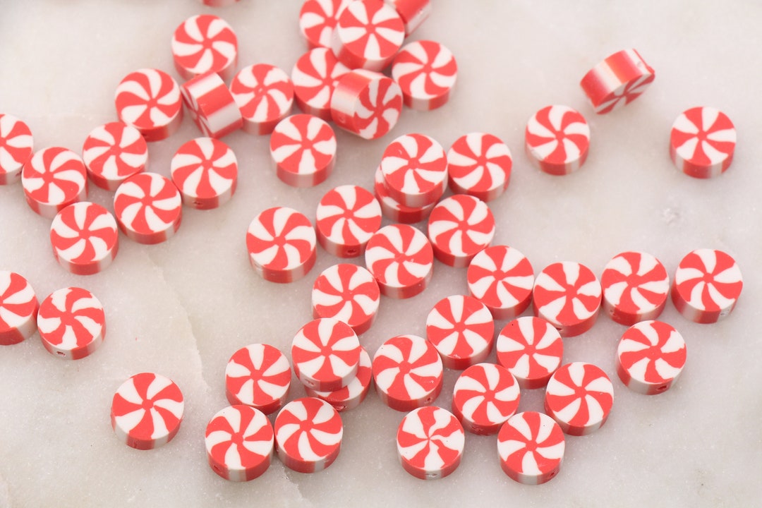 Swirl Peppermint Clay Beads, Red Candy Clay Beads, Round Candy Polymer ...
