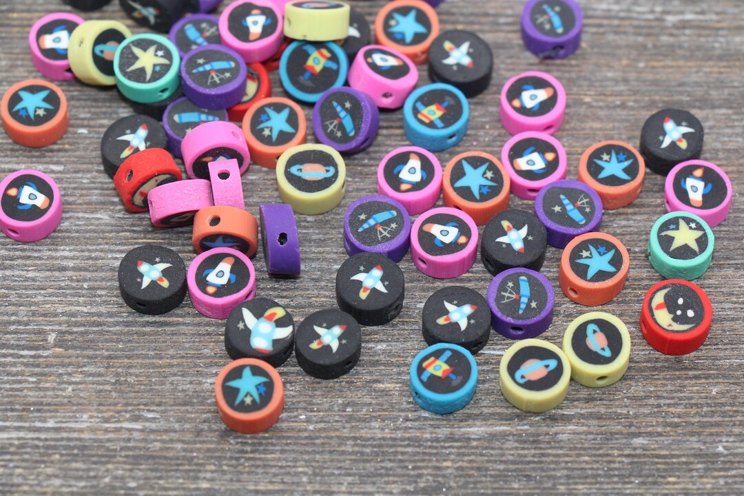 Outer Space Polymer Clay Beads, Space Universe Fimo Cane Beads, Rocket ...