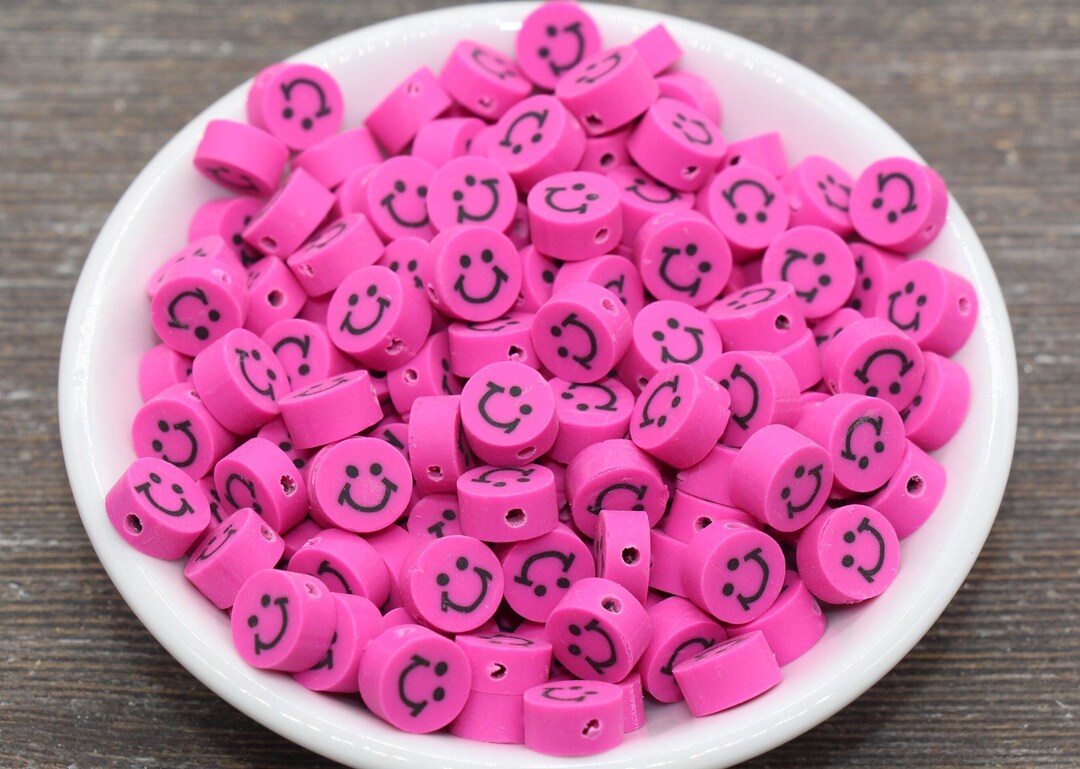 Hot Pink Smiley Face Polymer Clay Beads, Smiley Face Fimo Cane Beads ...