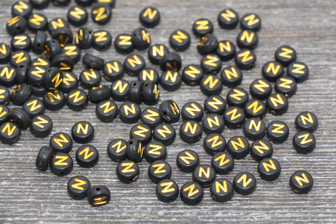 Letter N Beads, Black With Gold Letter N, Individual Letter, Single ...