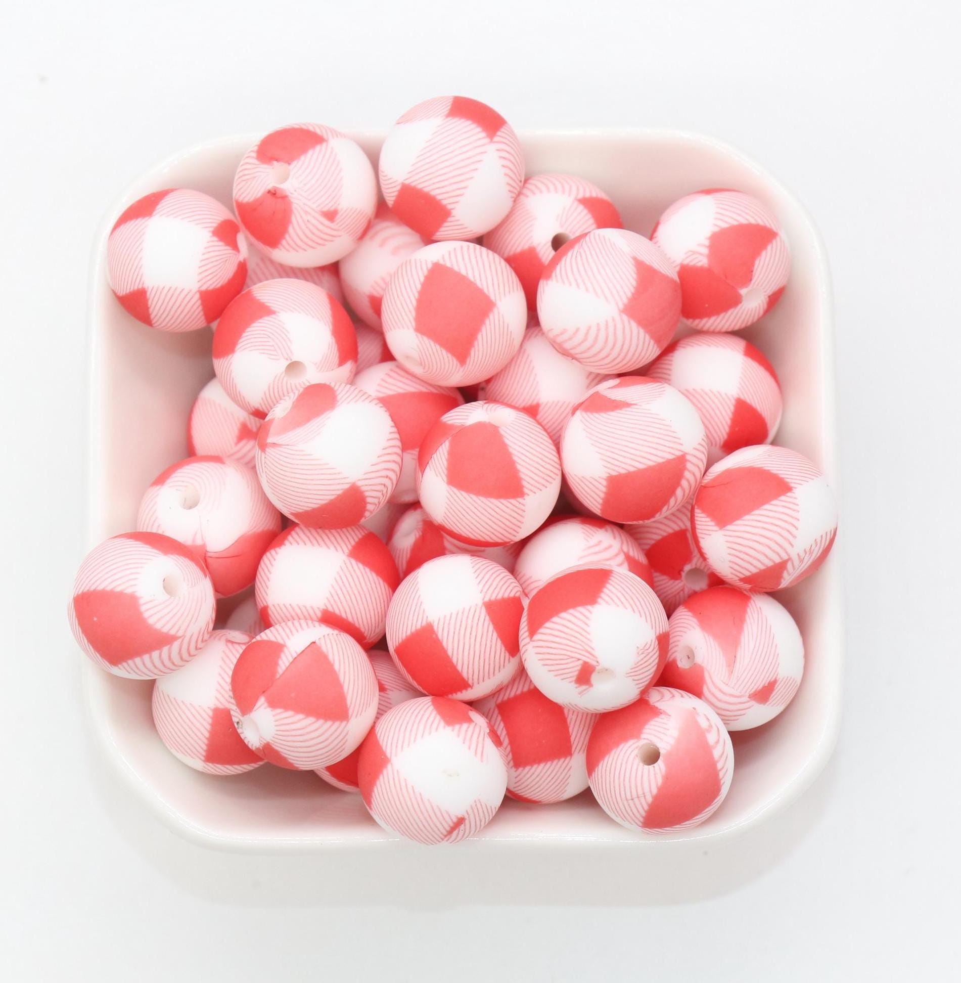 15mm Checkered Printed Beads, Christmas Silicone Beads, Round Bubblegum ...