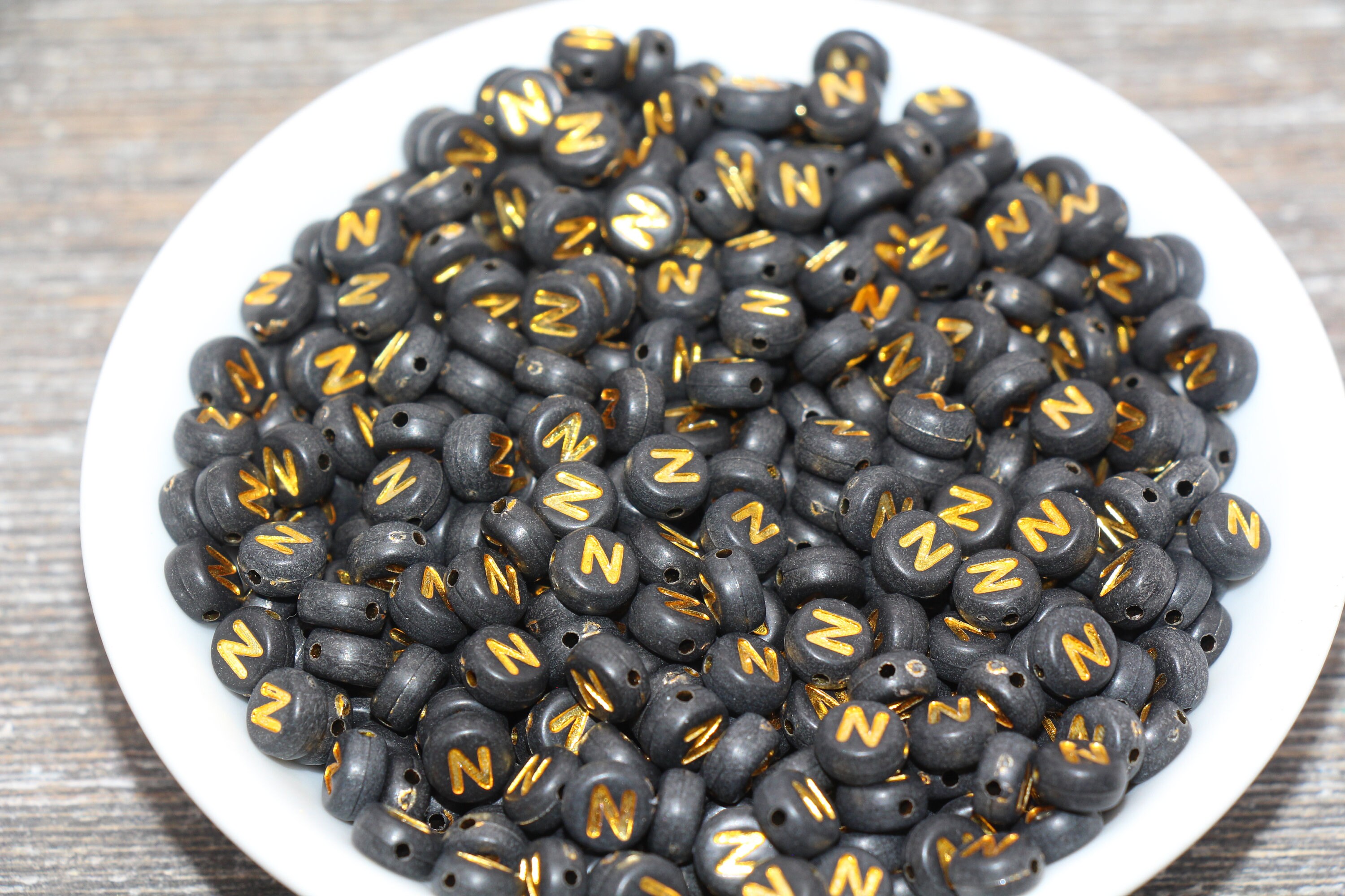 Letter N Beads Black With Gold Letter N Individual Letter | Etsy